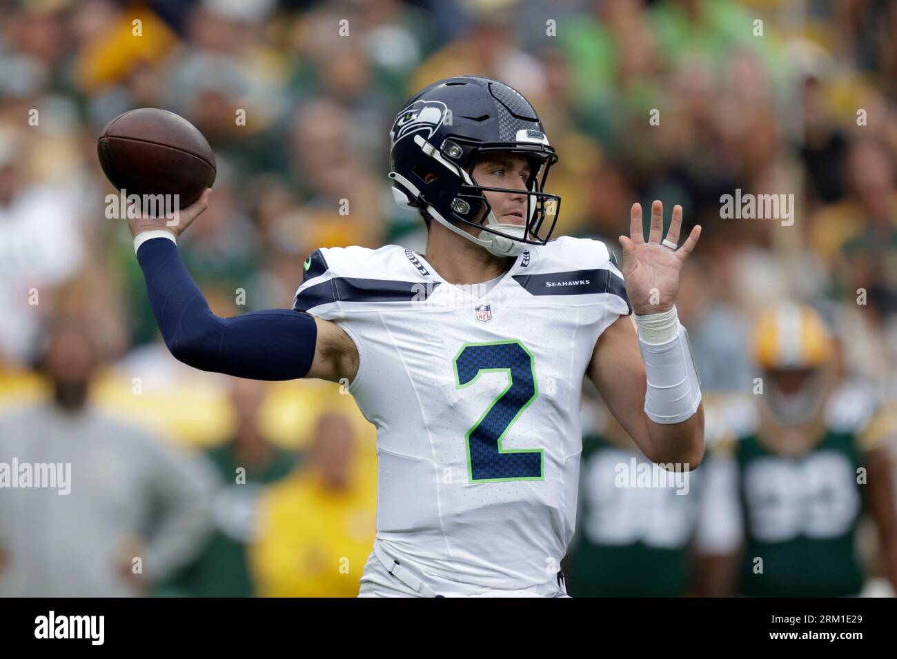 Seattle Seahawks quarterback Drew Lock throws a pass in the first half ...