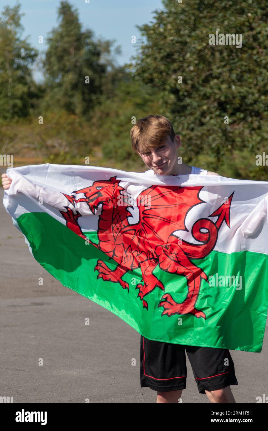A happy and laughing teenage boy waving the Welsh Flag Stock Photo - Alamy