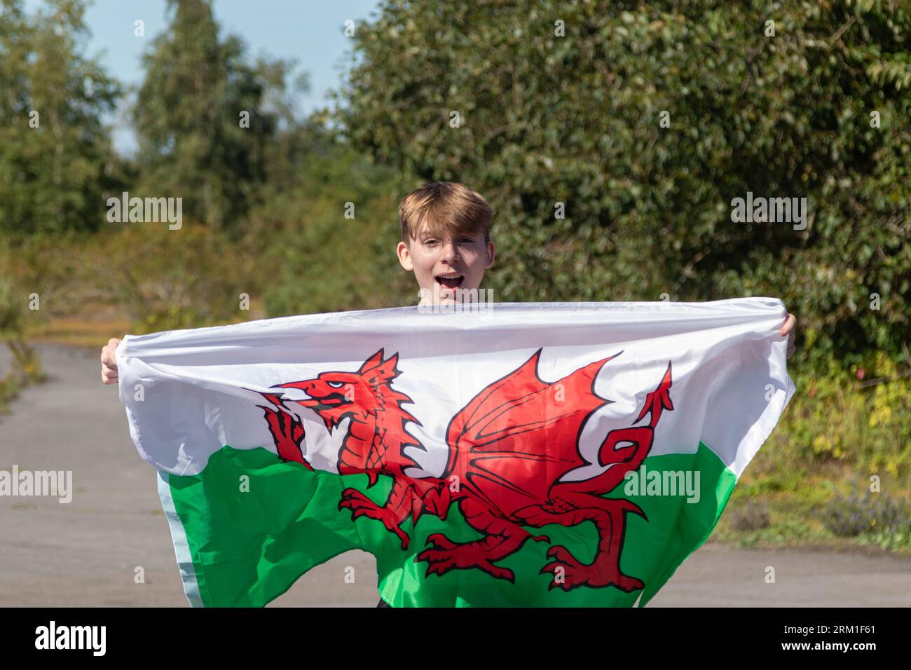 A happy and laughing teenage boy waving the Welsh Flag Stock Photo - Alamy
