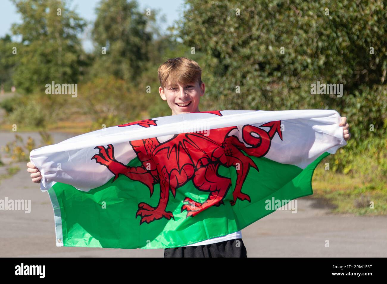 A happy and laughing teenage boy waving the Welsh Flag Stock Photo - Alamy