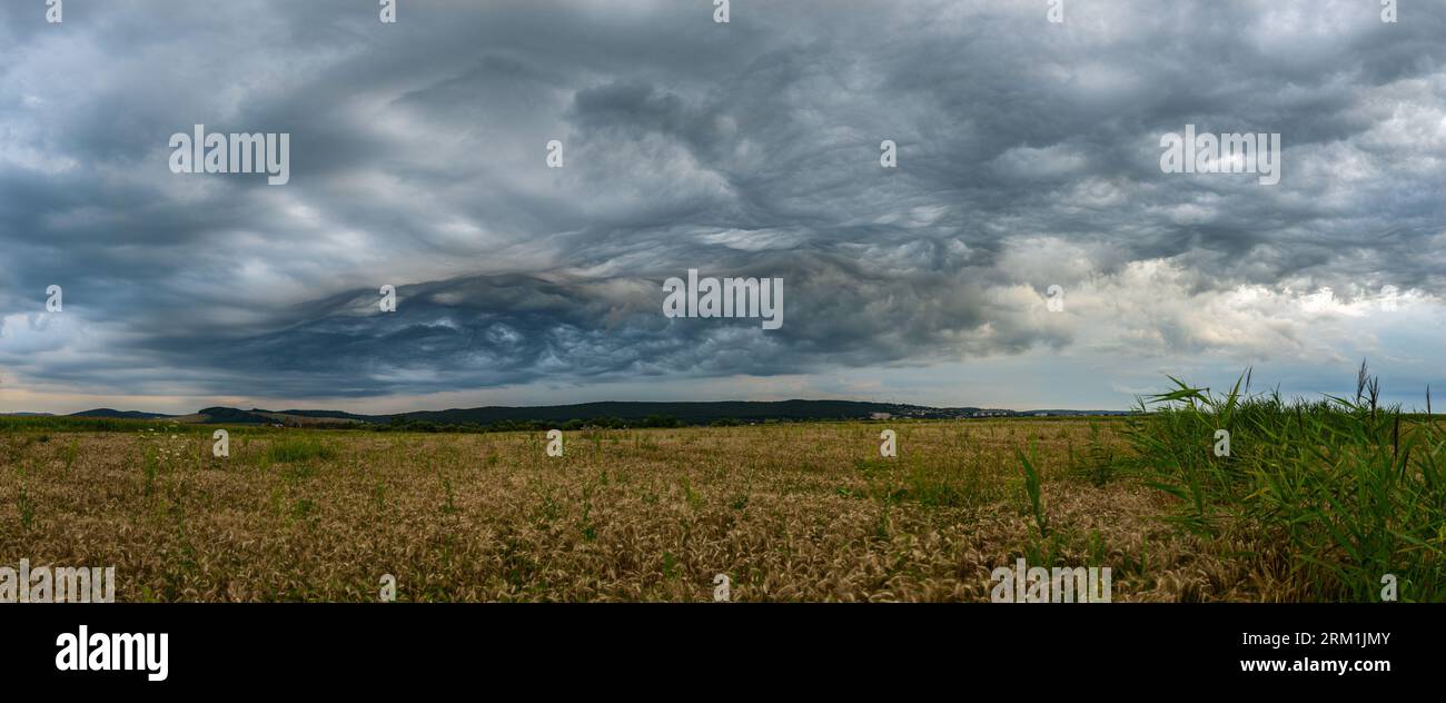 Dramatic sky of altocumulus asperitas clouds over the landscape of ...