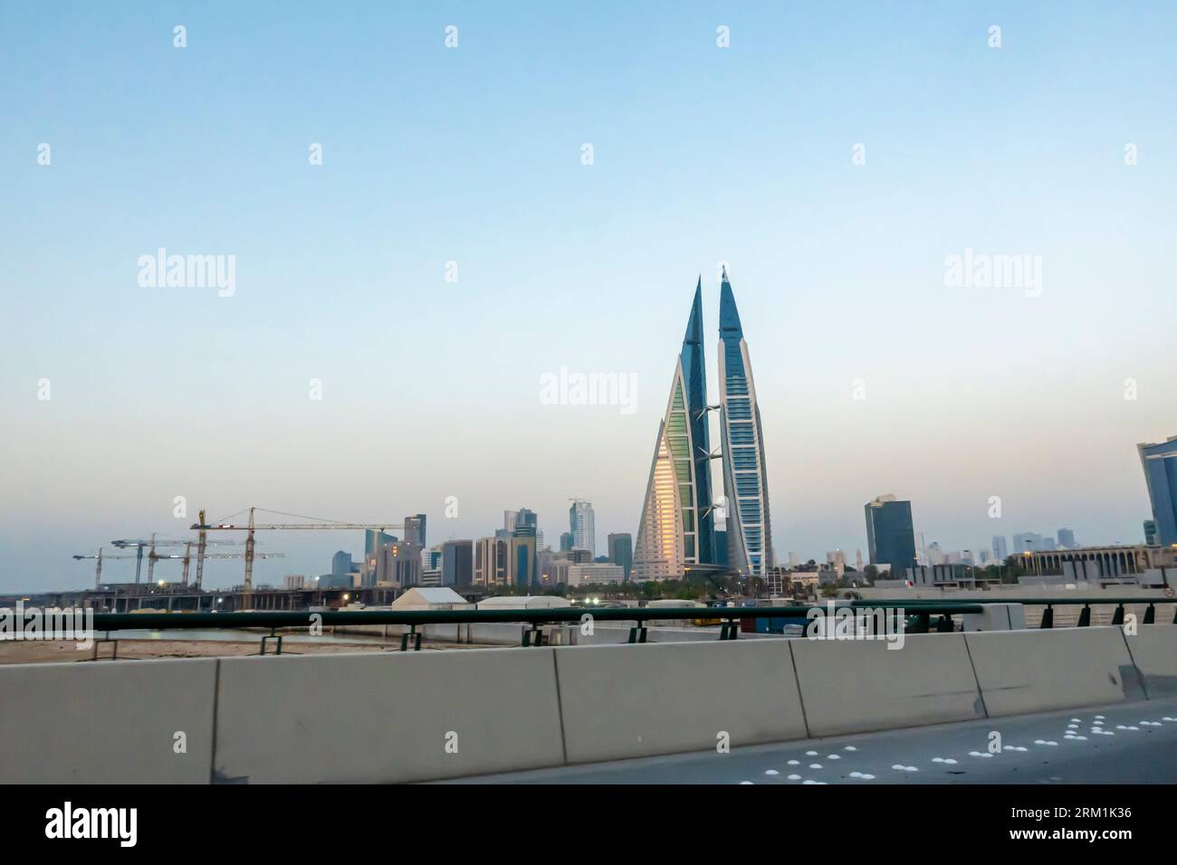 Bahrain World Trade Center, view from the road in Bahrain Bay Stock ...