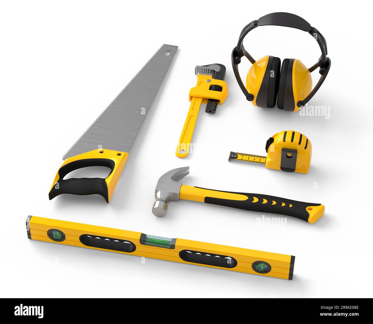 Flying view of yellow construction tools for repair and installation on ...