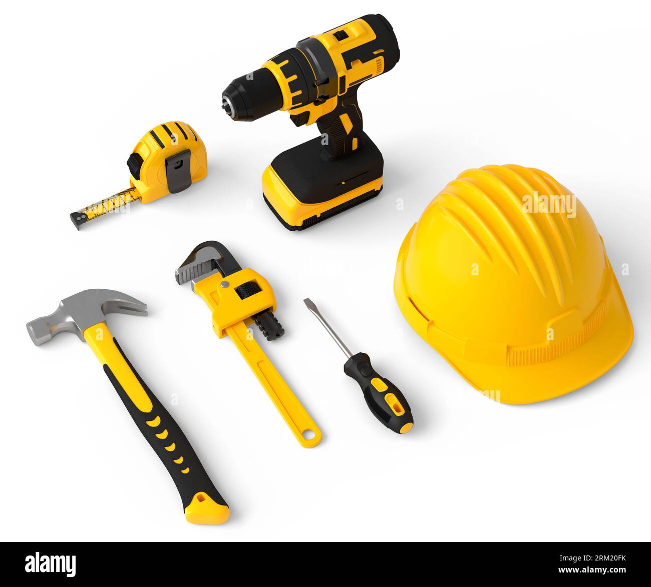 Flying view of yellow construction tools for repair and installation on ...