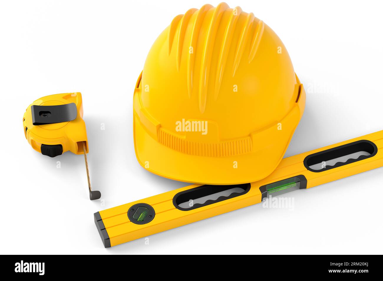 Flying view of yellow construction tools for repair and installation on ...