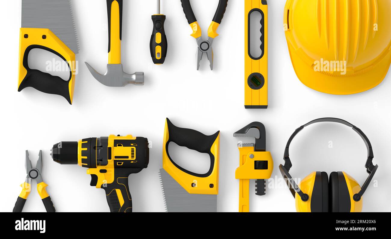 Flying view of yellow construction tools for repair and installation on ...