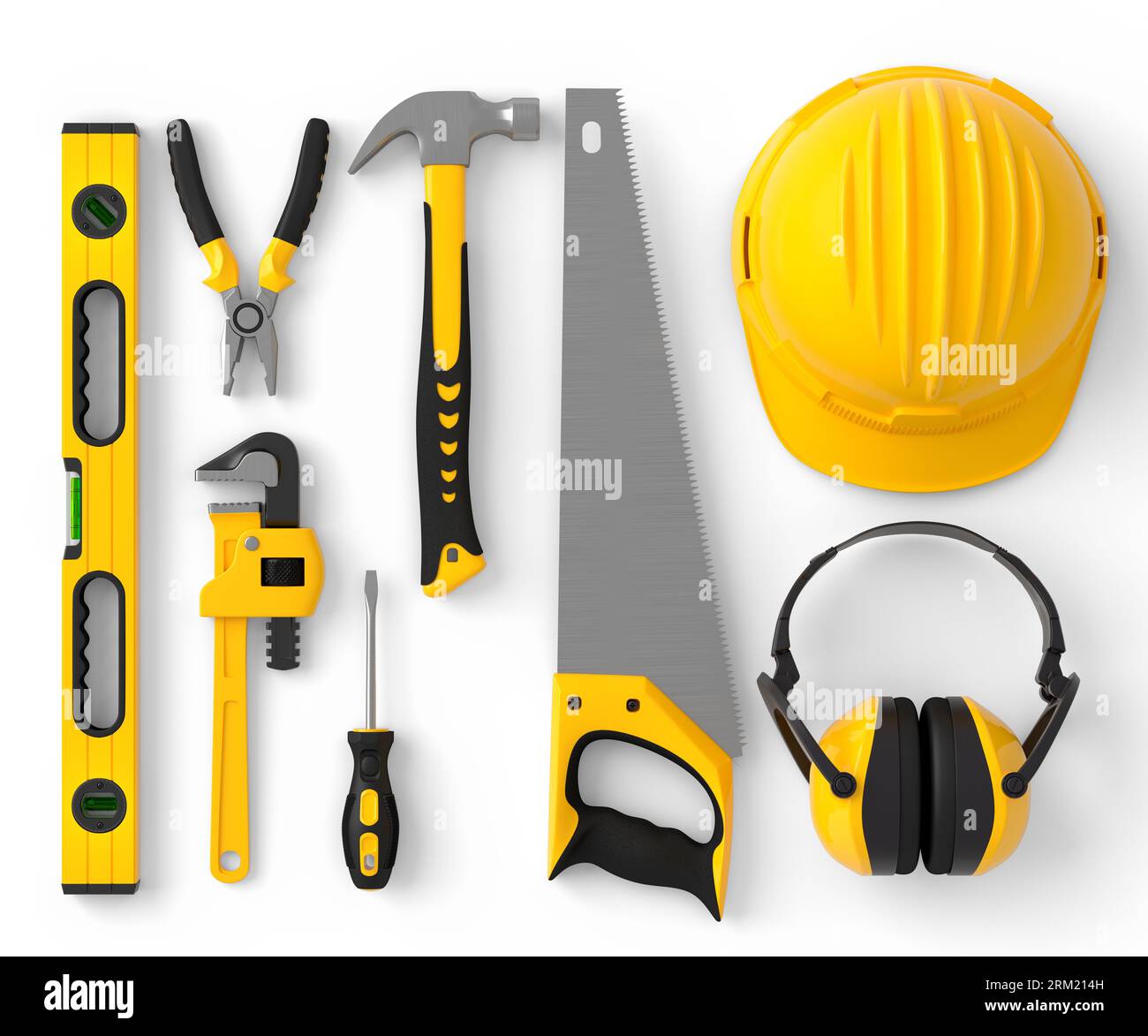 Flying view of yellow construction tools for repair and installation on ...