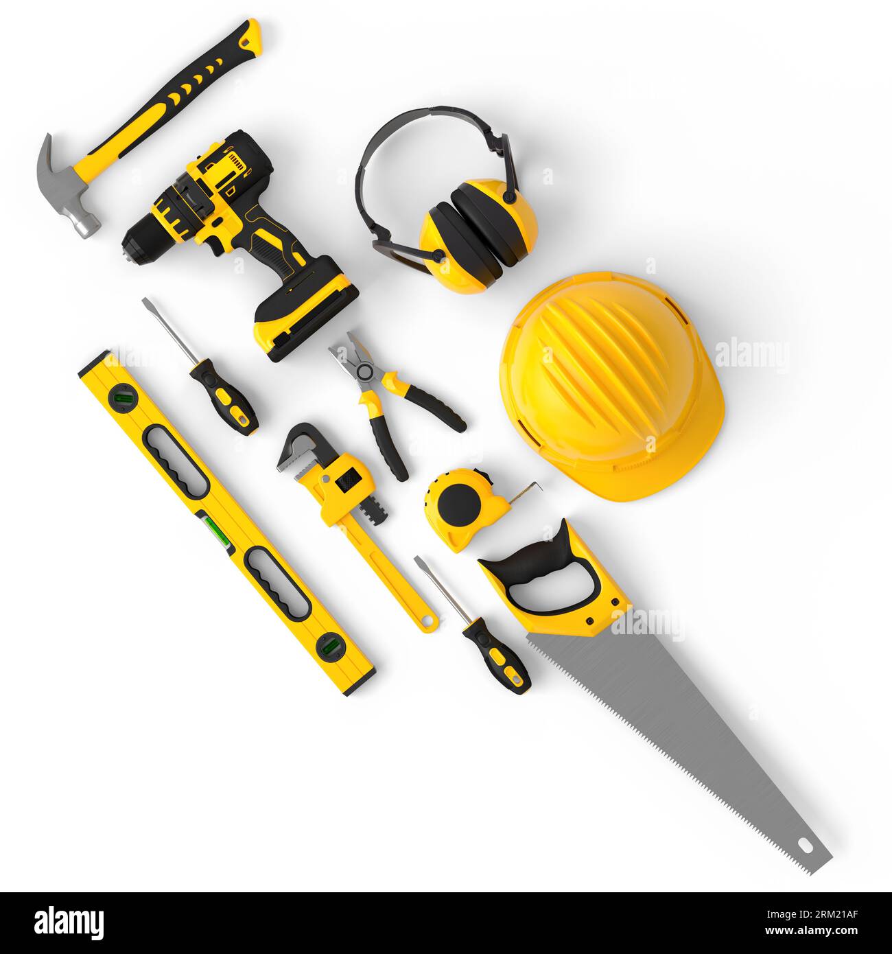 Flying view of yellow construction tools for repair and installation on ...