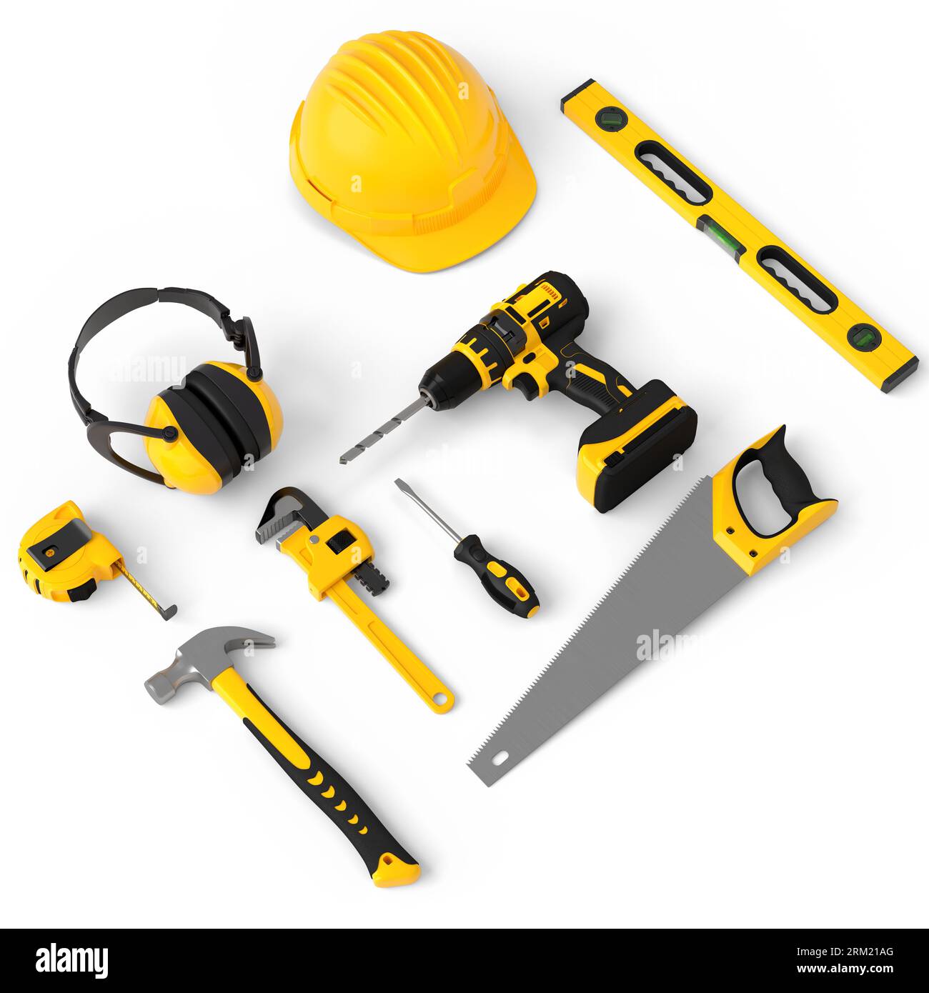 Flying view of yellow construction tools for repair and installation on ...