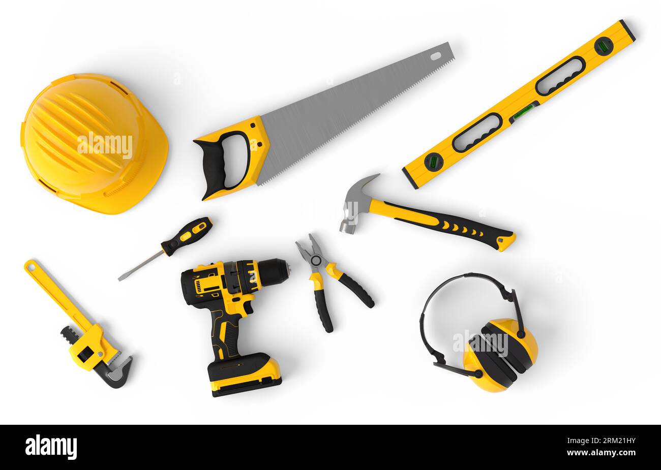 Flying view of yellow construction tools for repair and installation on ...