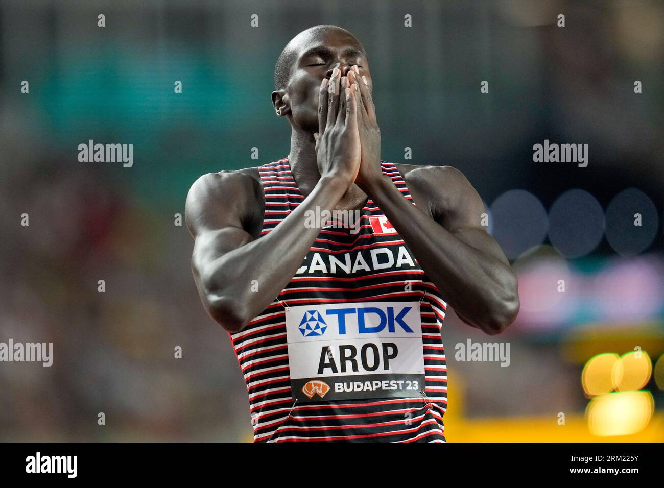 Marco Arop, of Canada celebrates winning the gold medal in the Men's ...