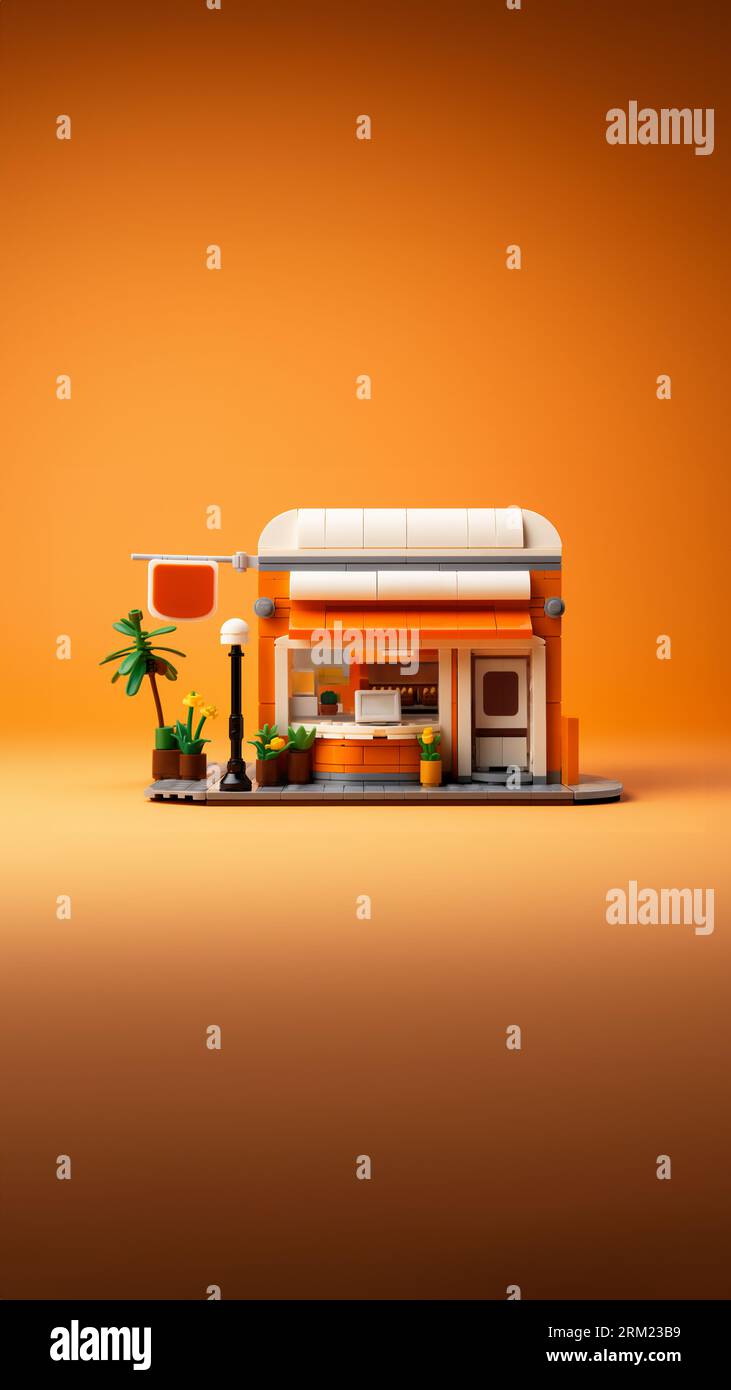 3D miniature store, replica made of plastic block toys with orange ...