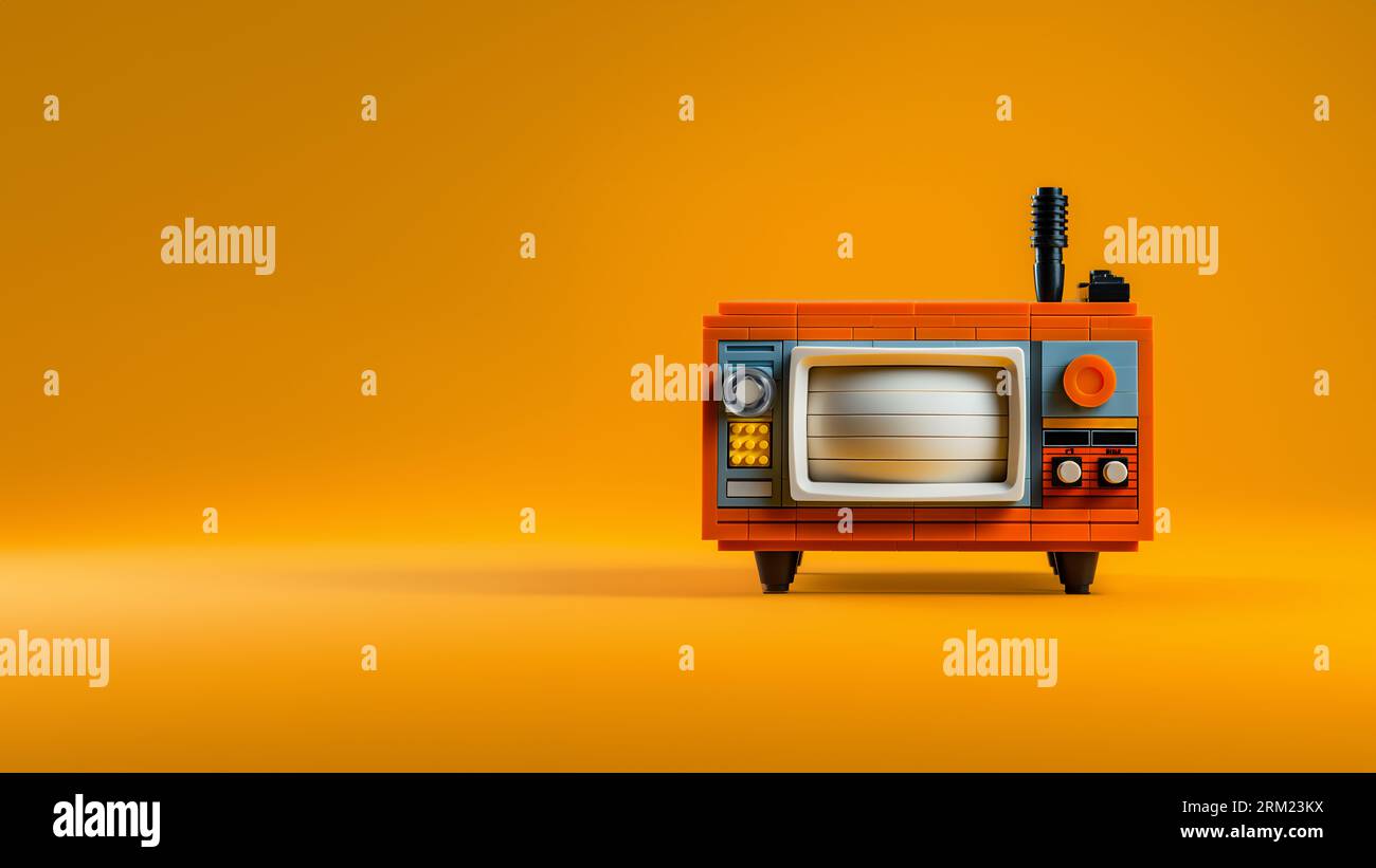 3D Plastic miniature old TV is made of plastic block on orange ...