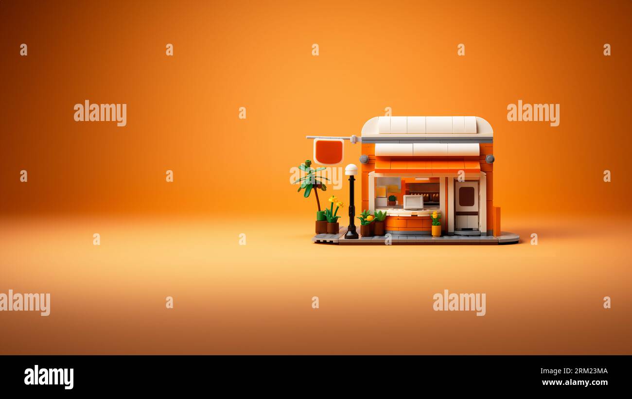 3D miniature store, replica made of plastic block toys with orange ...