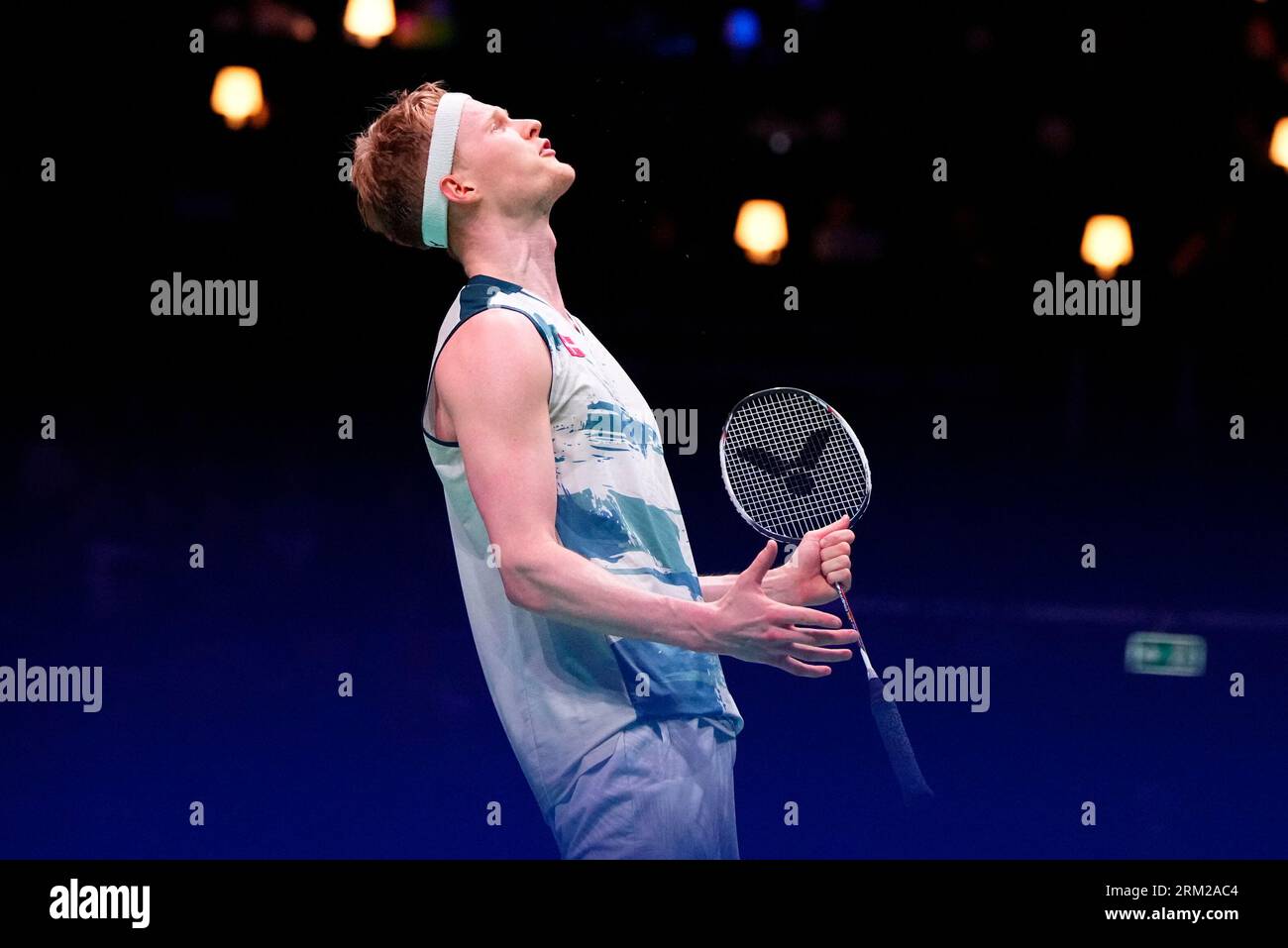 Denmark's Anders Antonsen in action in his men's semi final singles ...