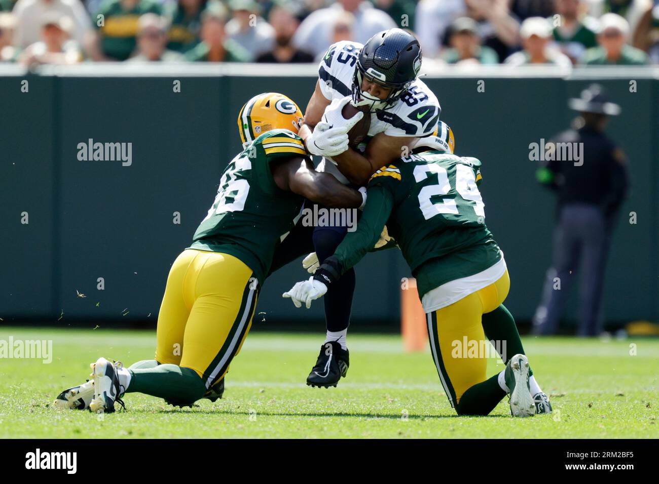Seattle Seahawks tight end Tyler Mabry (85) is tackled by Green Bay ...