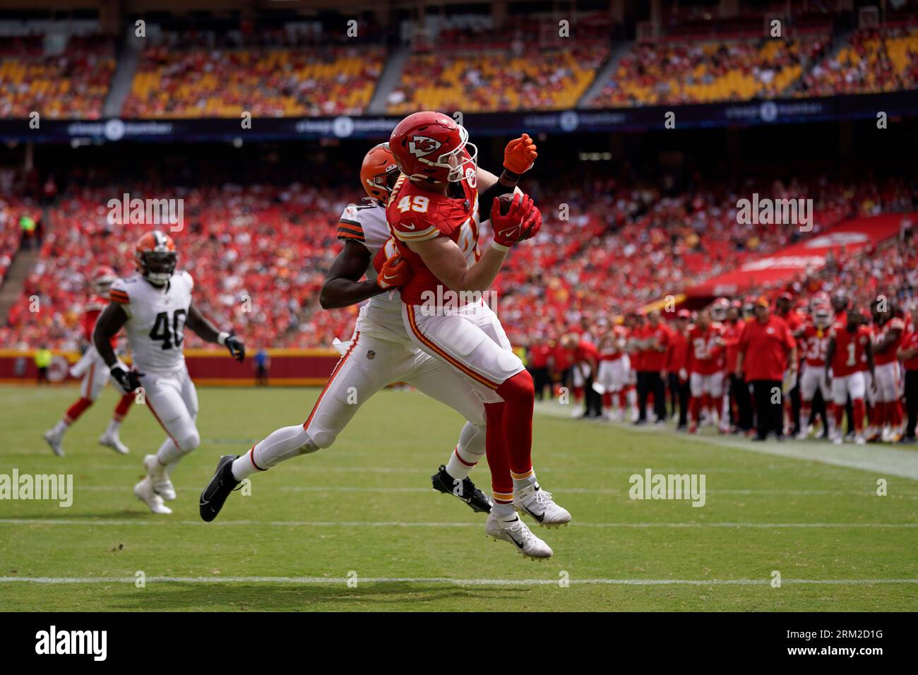 Kansas City Chiefs tight end Matt Bushman (49) catches a touchdown pass ...