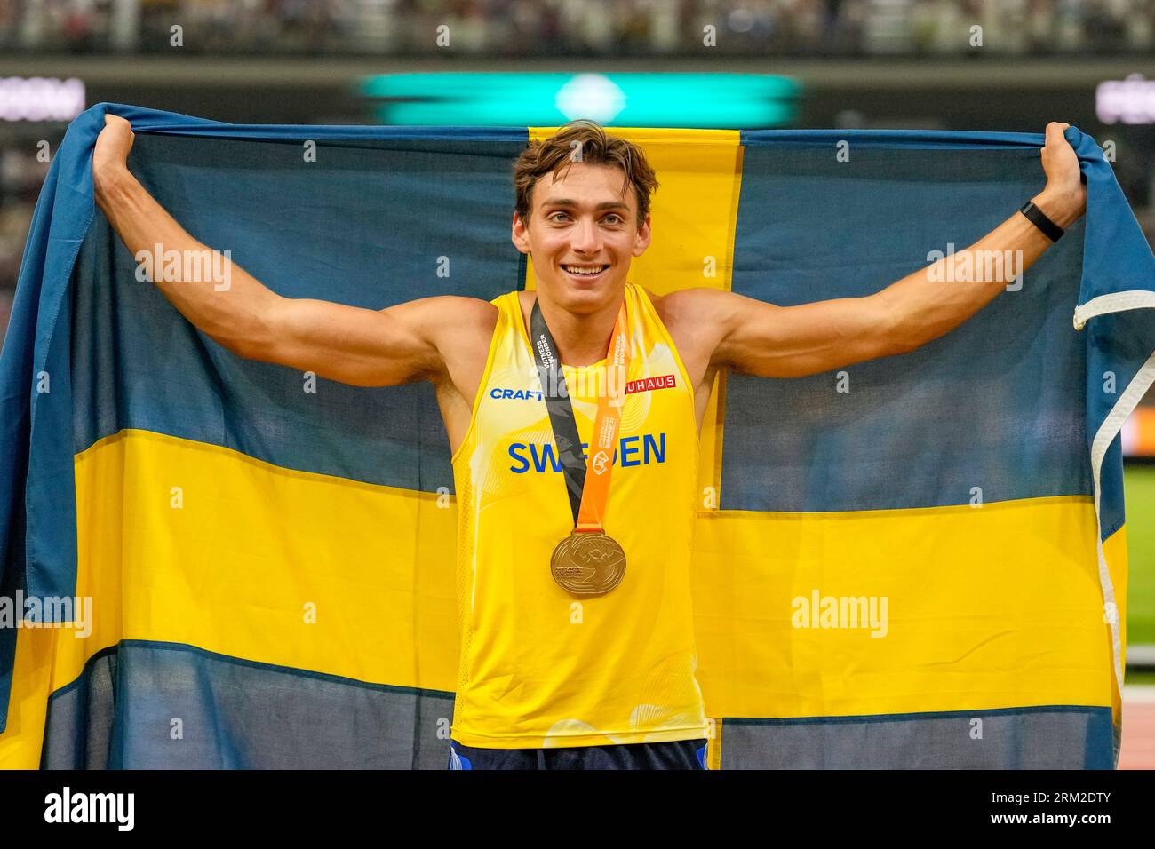 Armand Duplantis, of Sweden, celebrates after winning the Men's pole ...