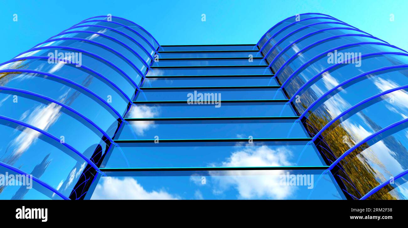 Bottom view of a skyscraper with glass facade consisting to cylindrical ...