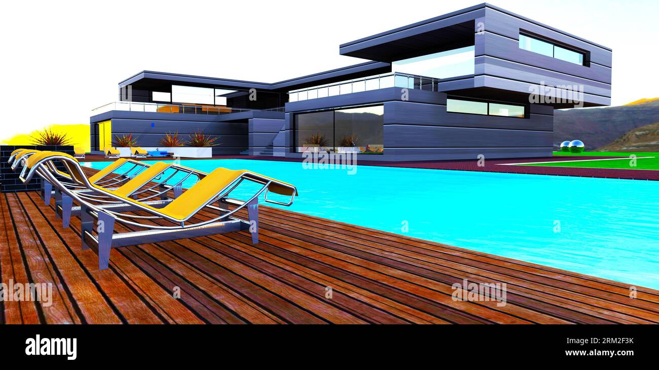 Comfortable sun loungers on the deck near the glowing pool of the ...