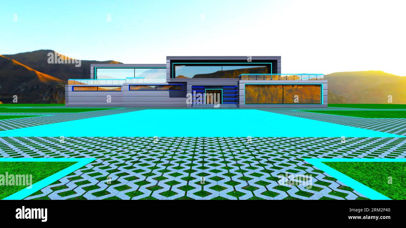 Compact smart cottage on the sunny mountains plato. Concrete grid pavement around the big ...