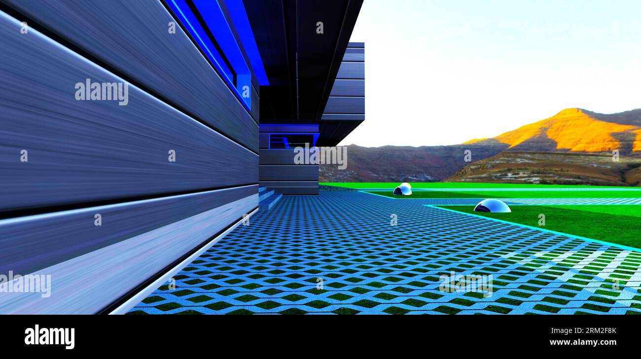 Concrete grid on the lawn as a pavement of the contemporary country ...