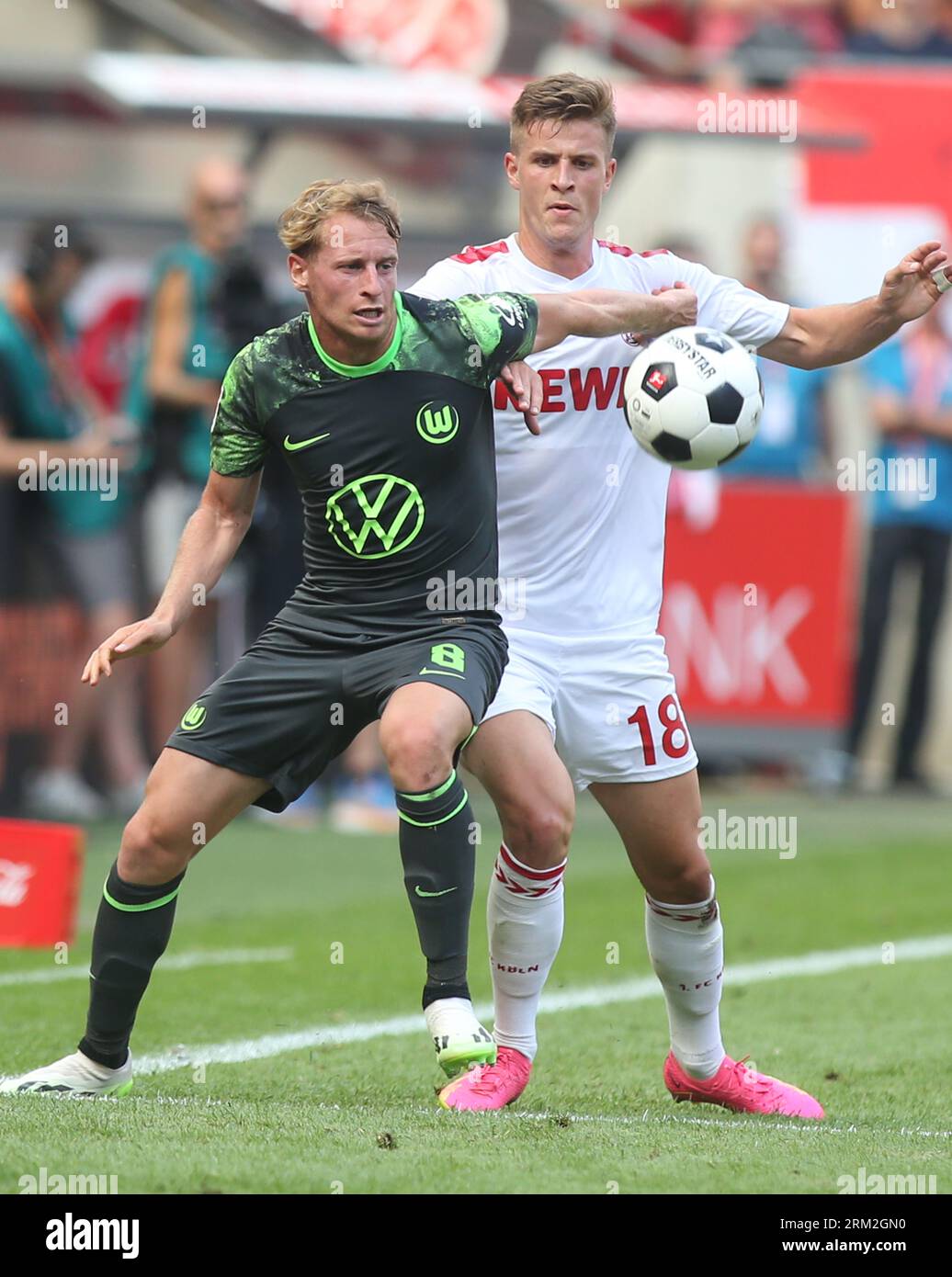 Koeln, Germany. 26th Aug, 2023. Nicolas Cozza of VfL Wolfsburg (L) and ...