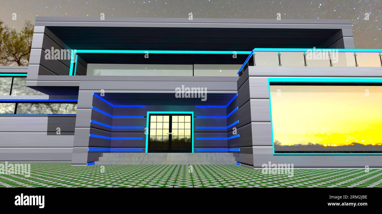 Entry to a compact suburban cottage. Elements of the illumination decor ...