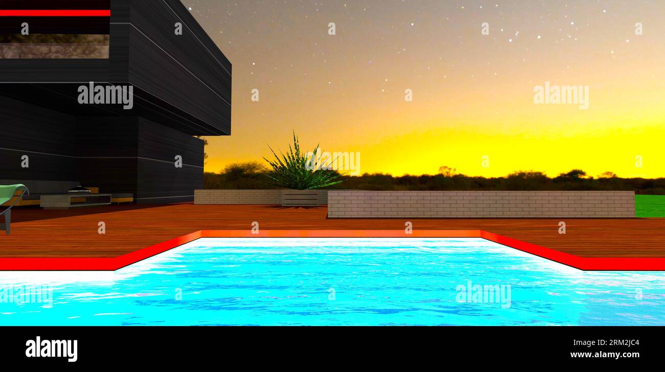Glowing steps visible under the transparent water of the pool with the ...
