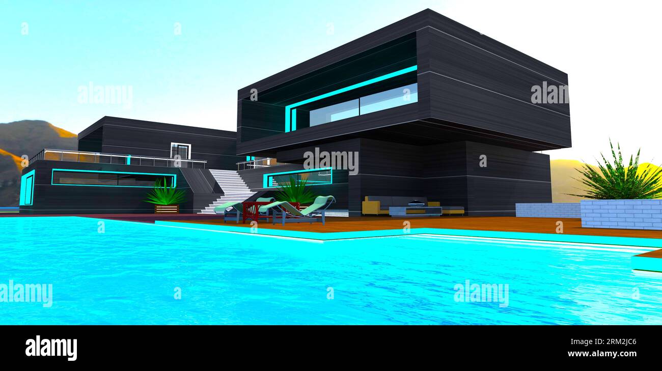 Glowing waves on the swimming pool surface in front of the contemporary ...