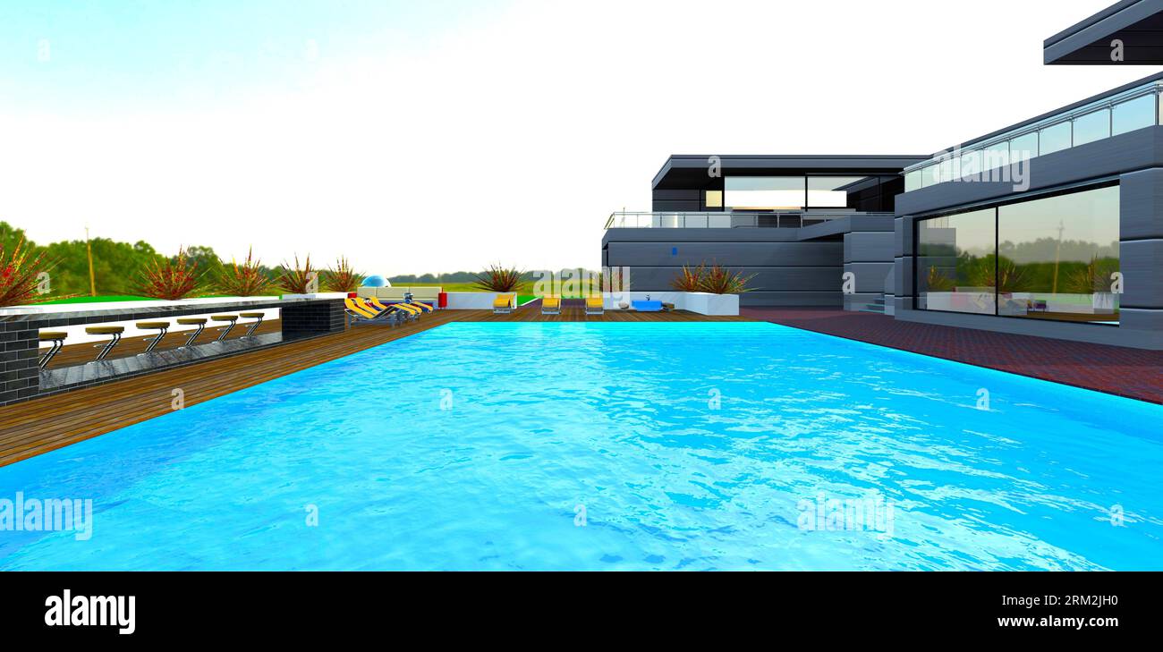 Large swimming pool near the suburban hotel with fenced terrace on the ...