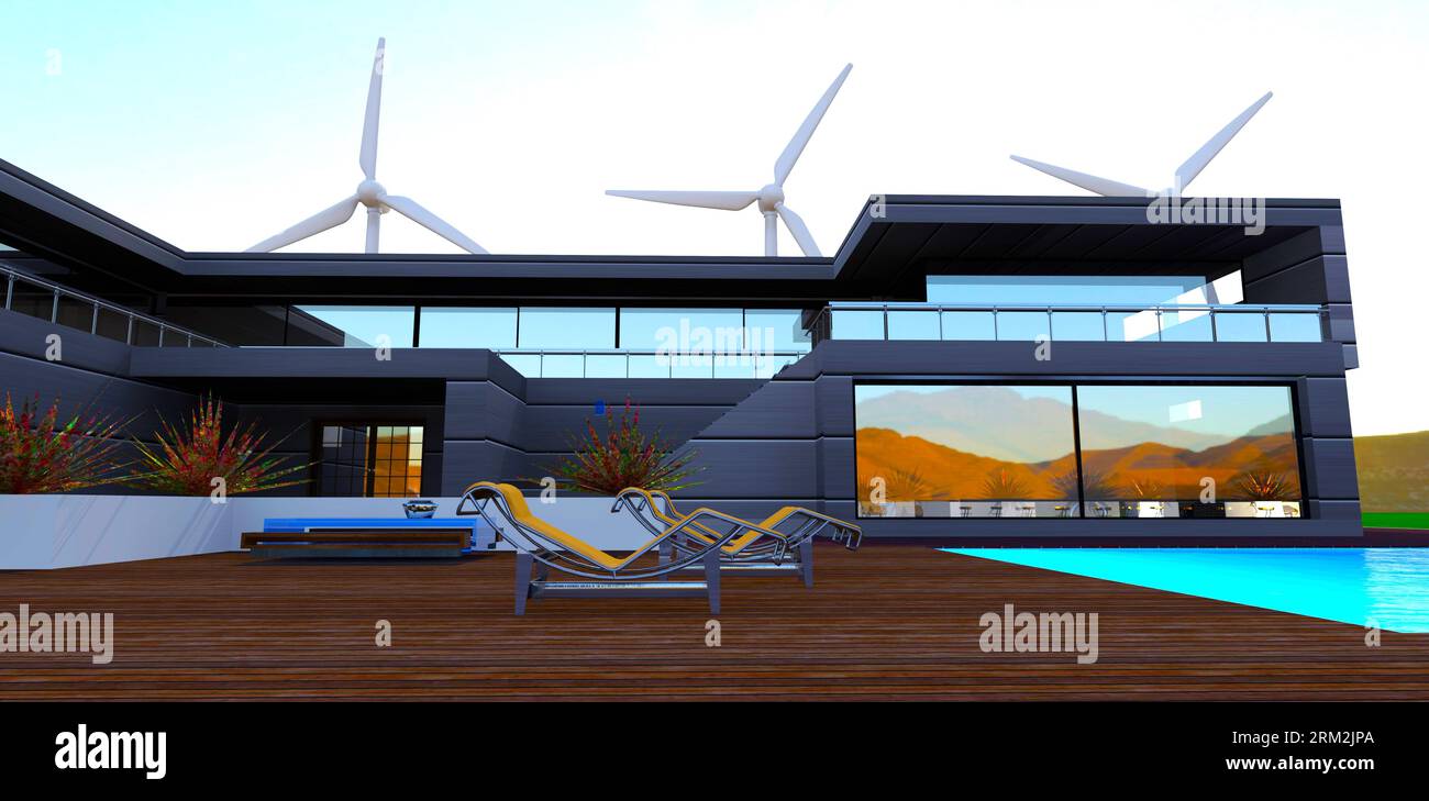 Modern house with long fenced terrace. Large mirror windows. Wind ...