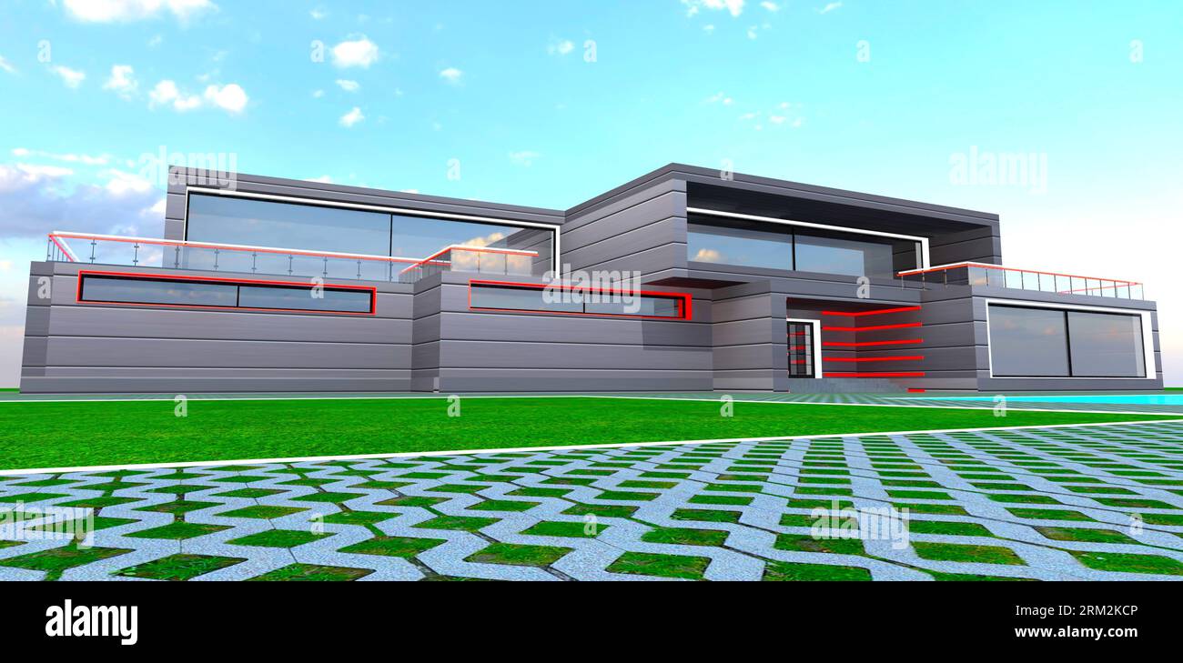 Suburban house with long terraces on the rooftop and aluminium exterior ...