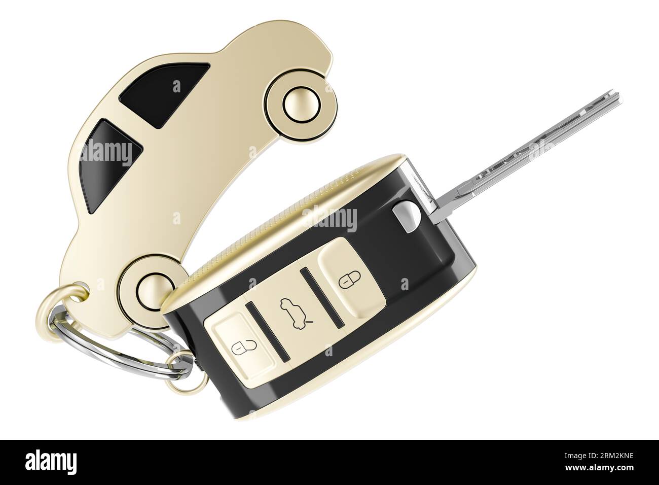 Car Key with Car Shaped Metal Keychain. 3D rendering isolated on white ...