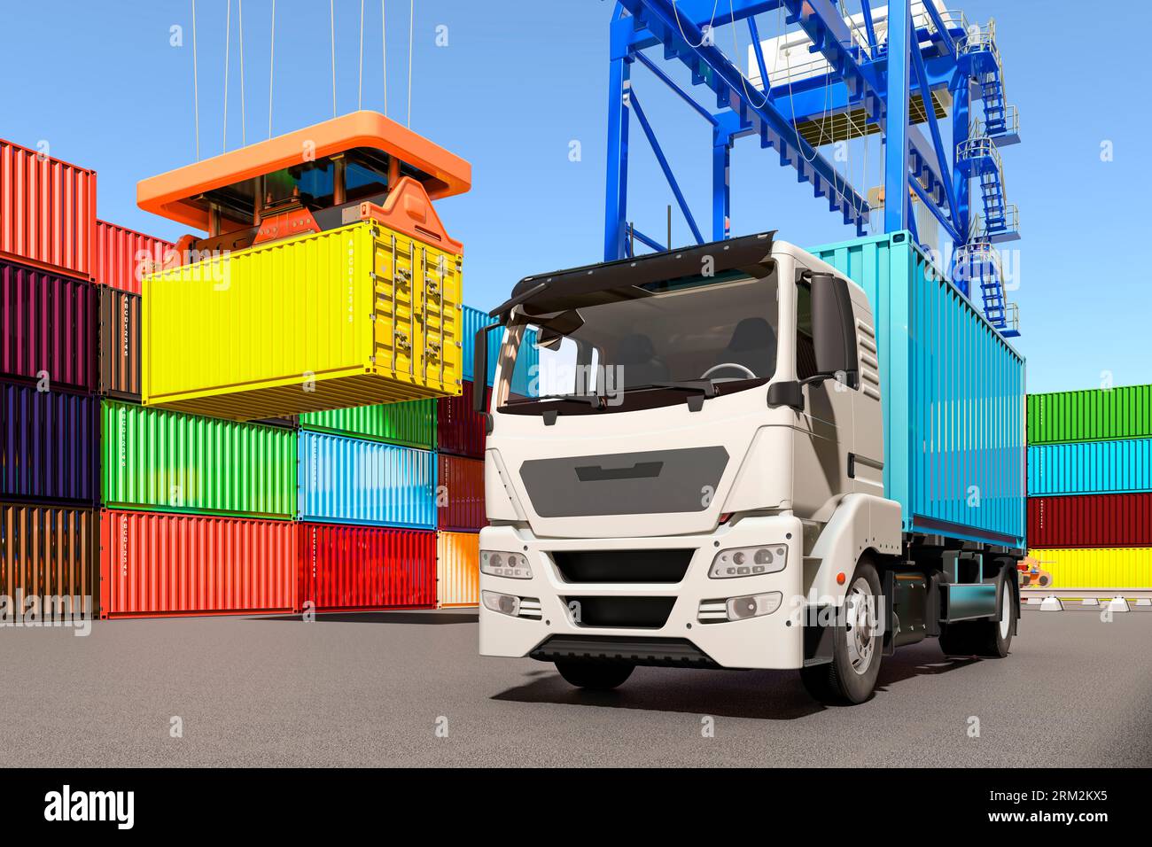 Container truck with cargo container in container port, 3D rendering ...
