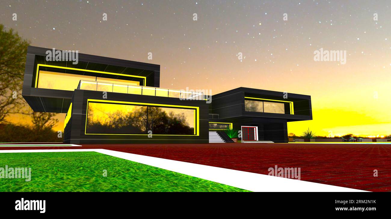 White glowing border on the territory of the advanced private villa ...