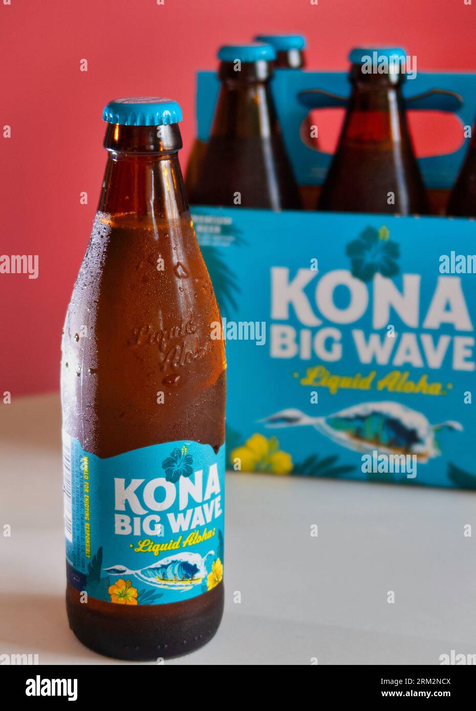Still life of a bottle and six pack of Kona Big Wave beer, 2023, USA ...