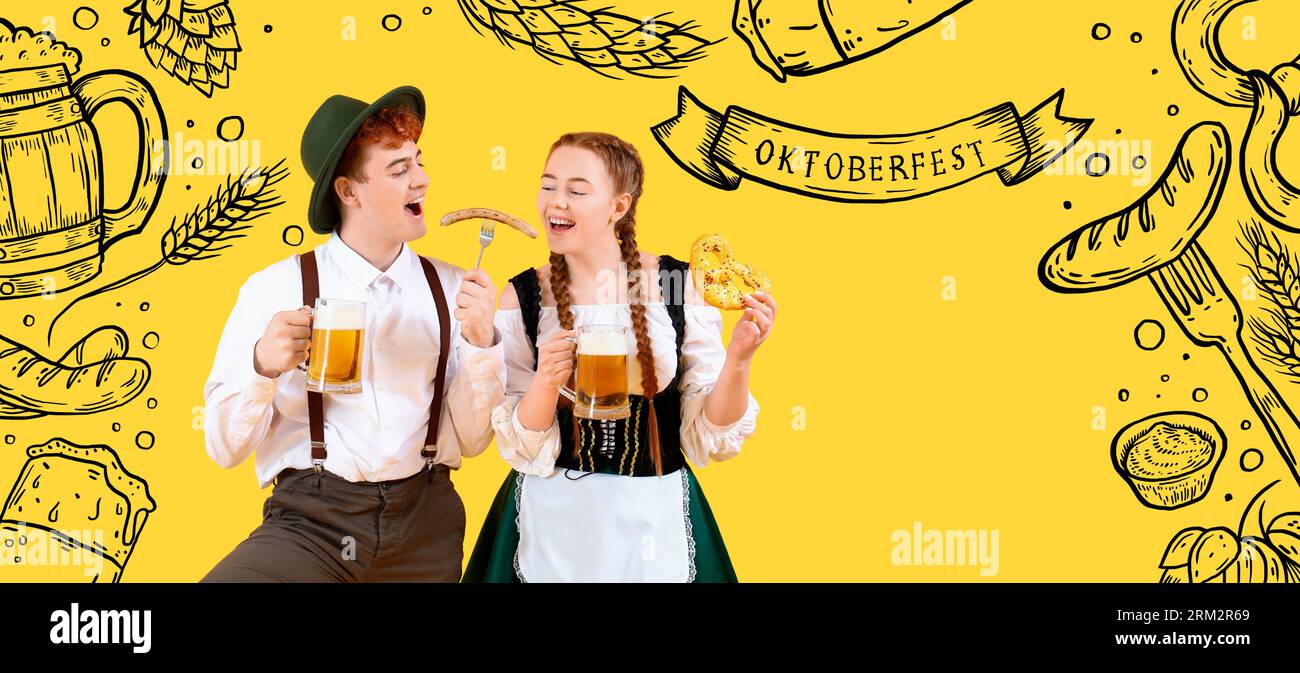 Banner for Oktoberfest with young couple in traditional German clothes ...