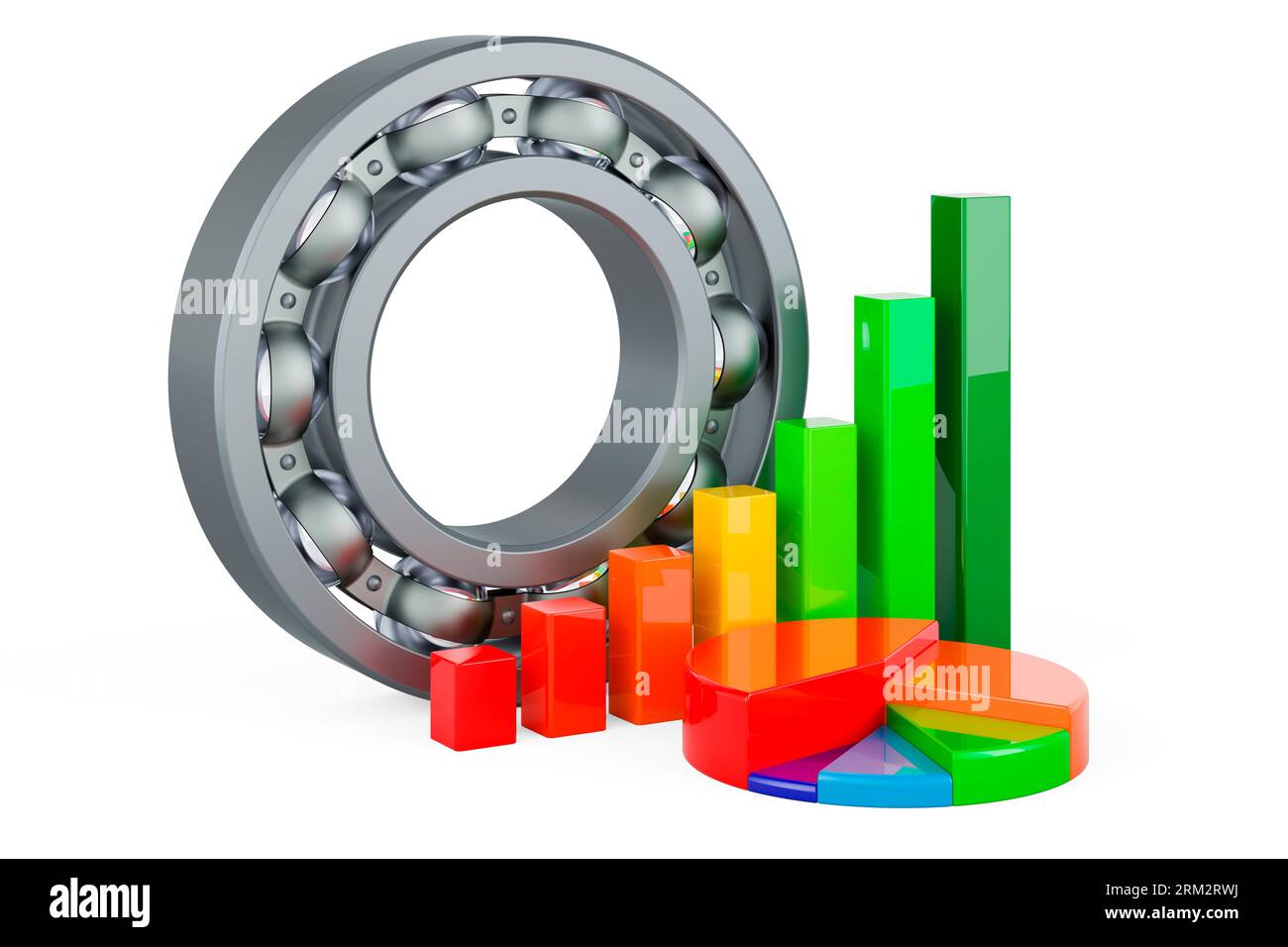 Ball bearing with growth bar graph and pie chart, 3D rendering isolated ...
