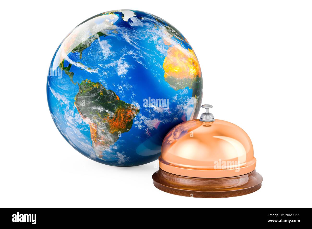 Reception bell with Earth Globe. Global Service concept, 3D rendering ...
