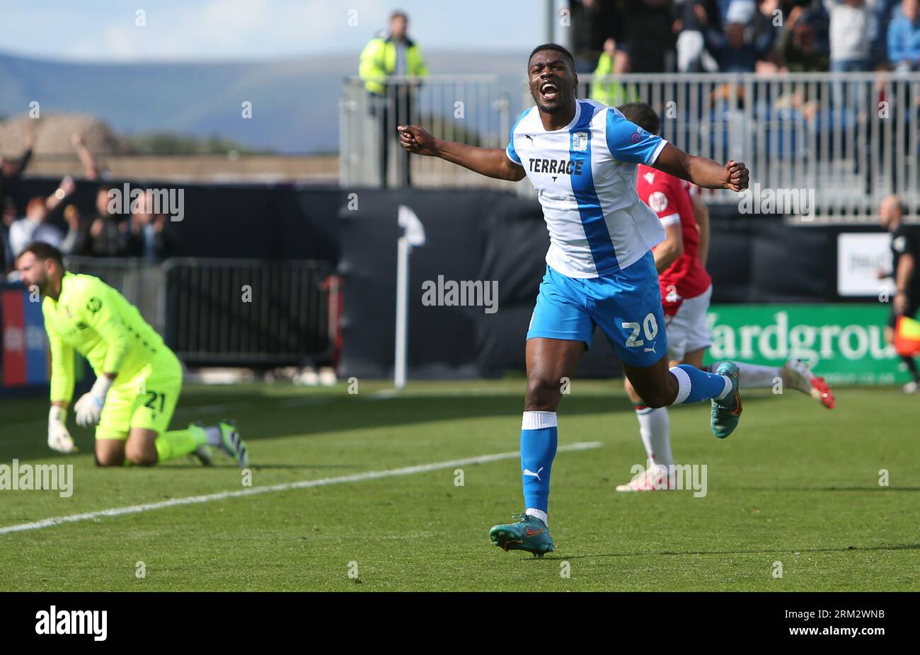 Barrow's Emile Acquah celebrates his goal during the Sky Bet League 2 ...