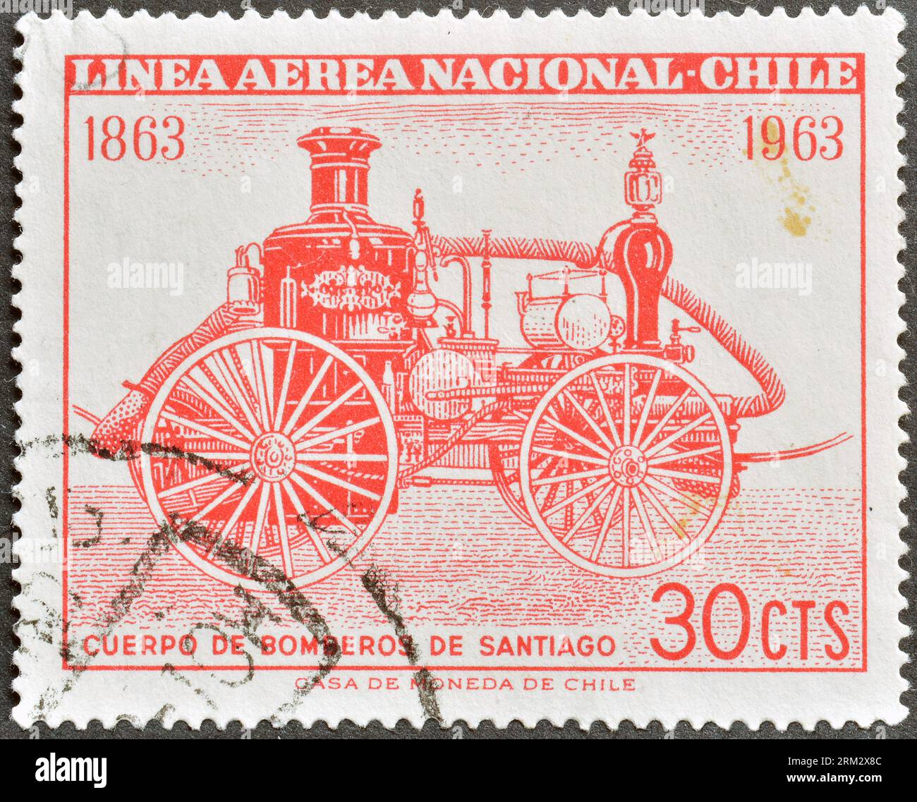 Cancelled postage stamp printed by Chile, that shows Fire engine of ...