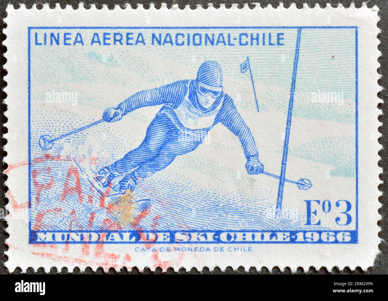 Cancelled postage stamp printed by Chile, that shows Slalom, World Ski ...