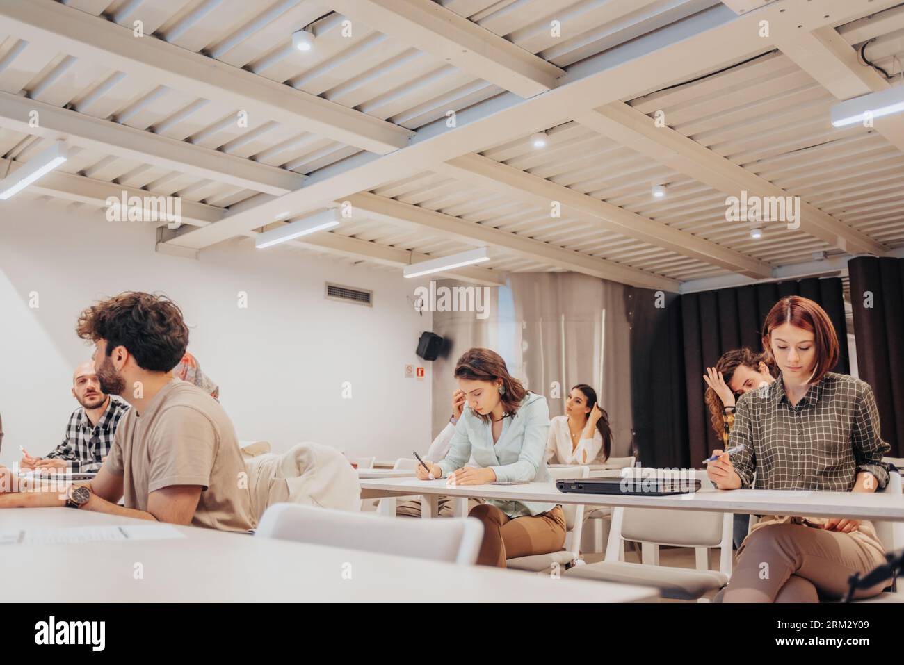 Front view photo of concentrated business employees taking exam, test ...