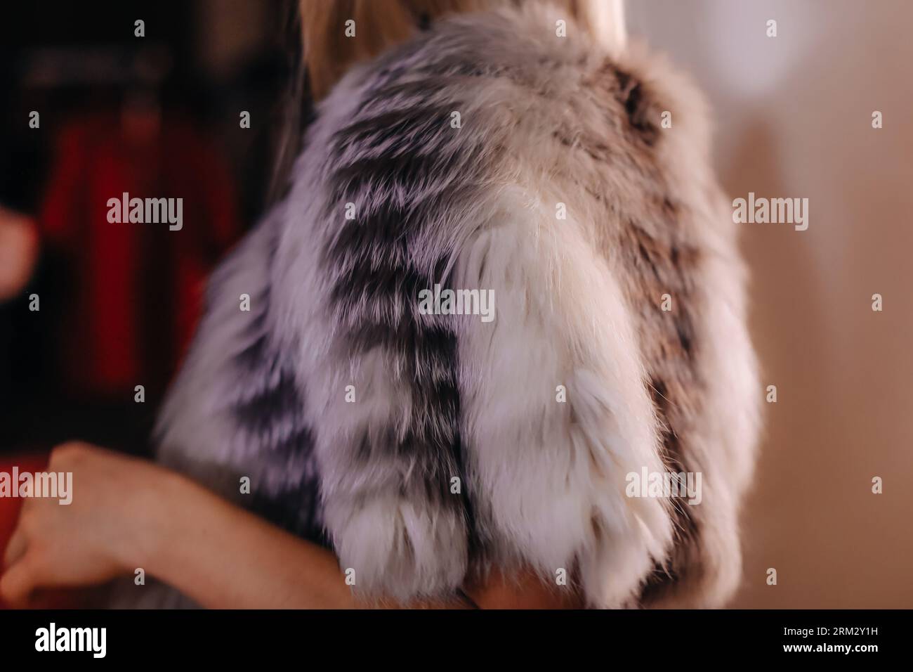 Fashion details of luxury white black winter warm fur coat. Elegant ...