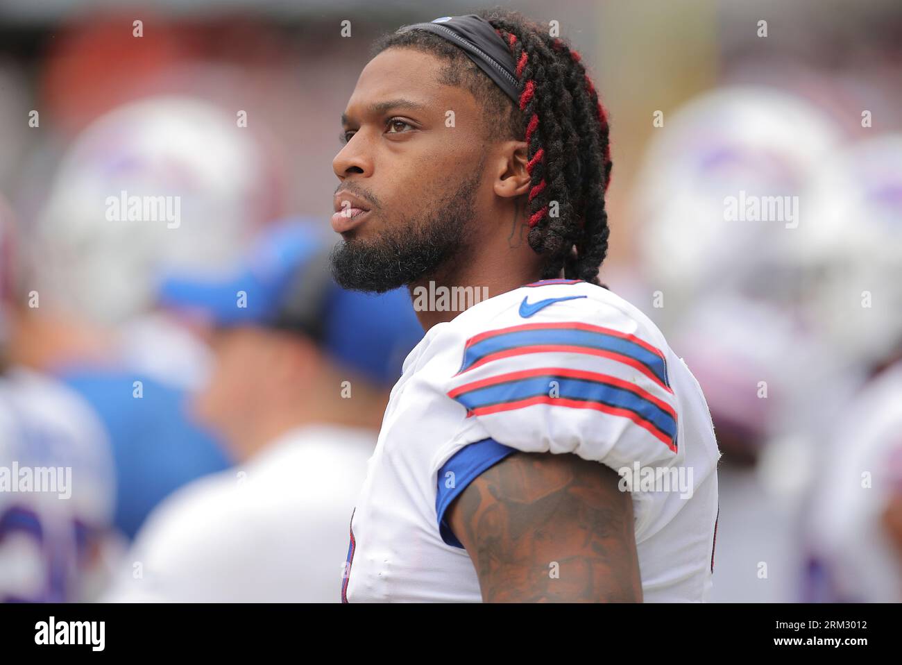 Buffalo Bills safety Damar Hamlin (3) looks on from the bench during an ...