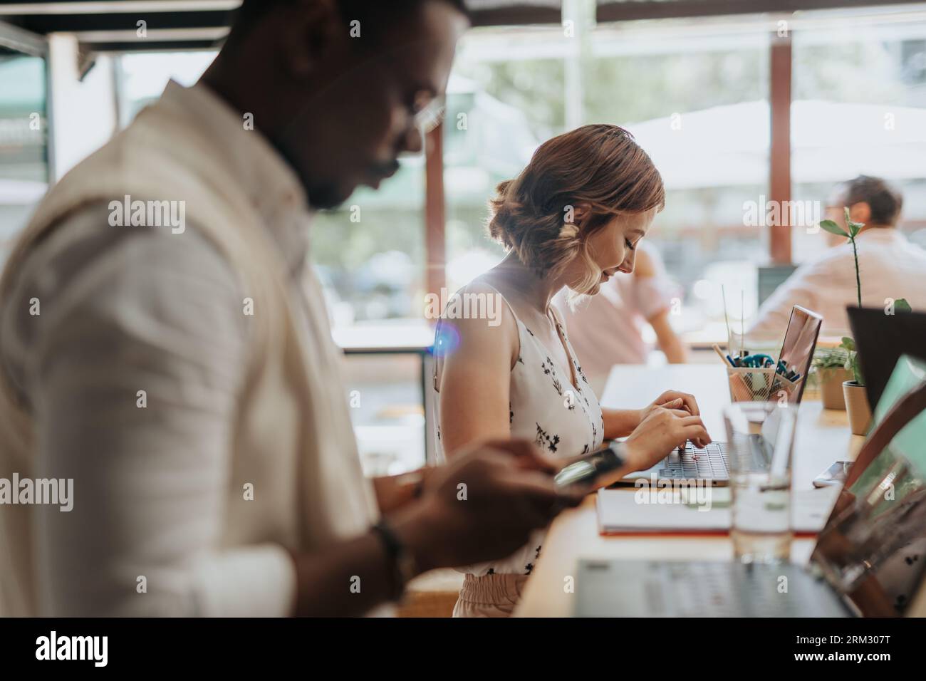 A diverse group of business professionals in a corporate office ...