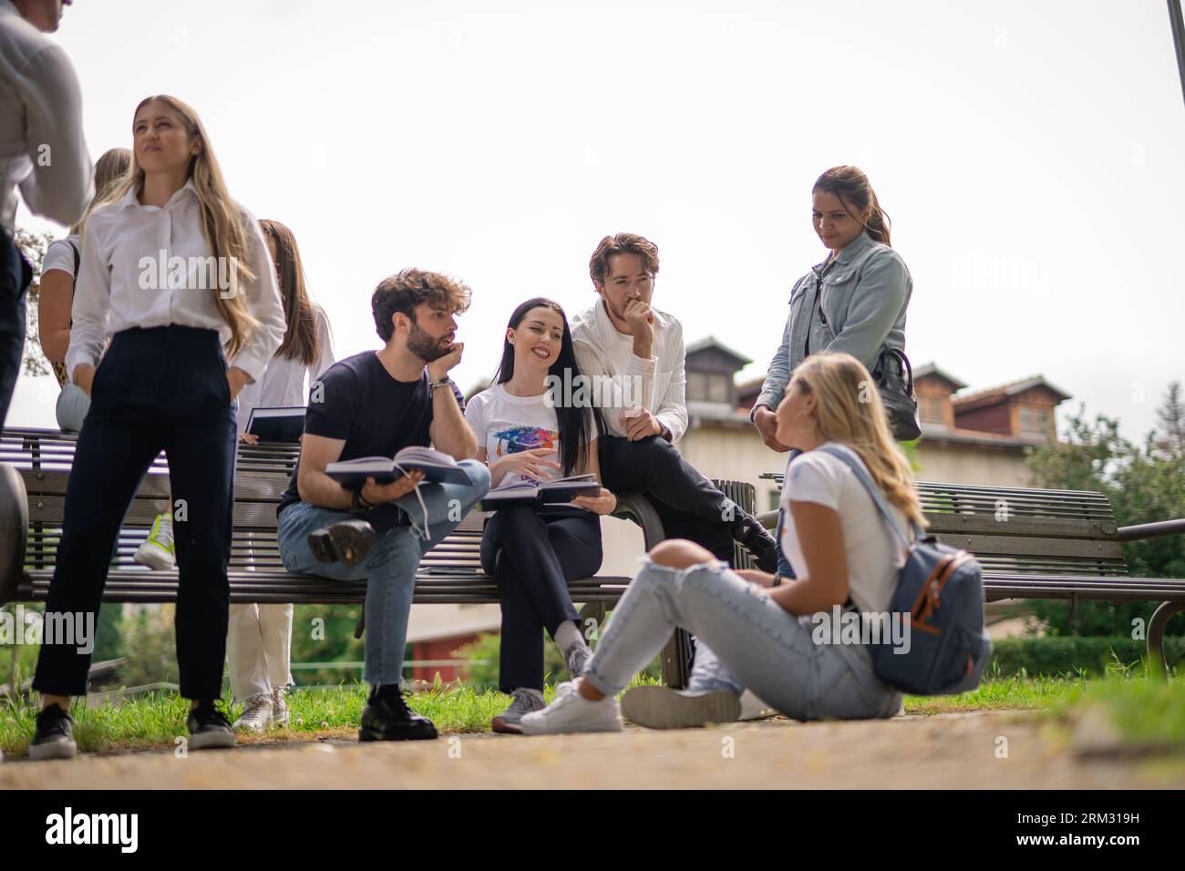 College students studying together, discussing subject before exam ...