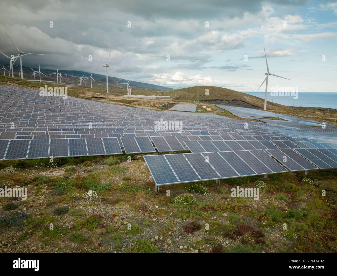 Frontal aerial shot of a multitude of solar panels and windmills ...
