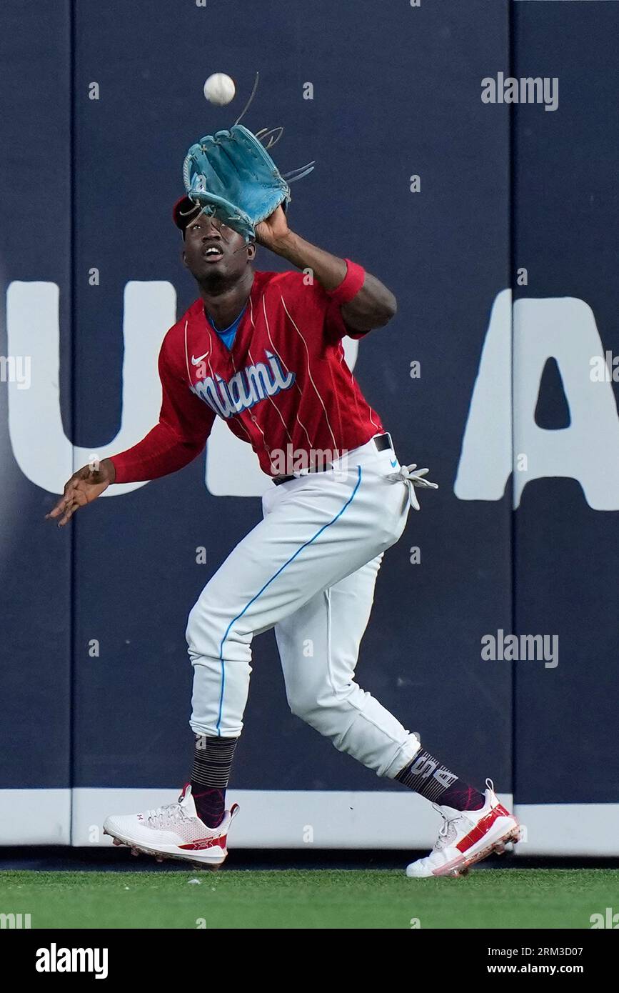 Miami Marlins right fielder Jesus Sanchez catches a ball hit by ...